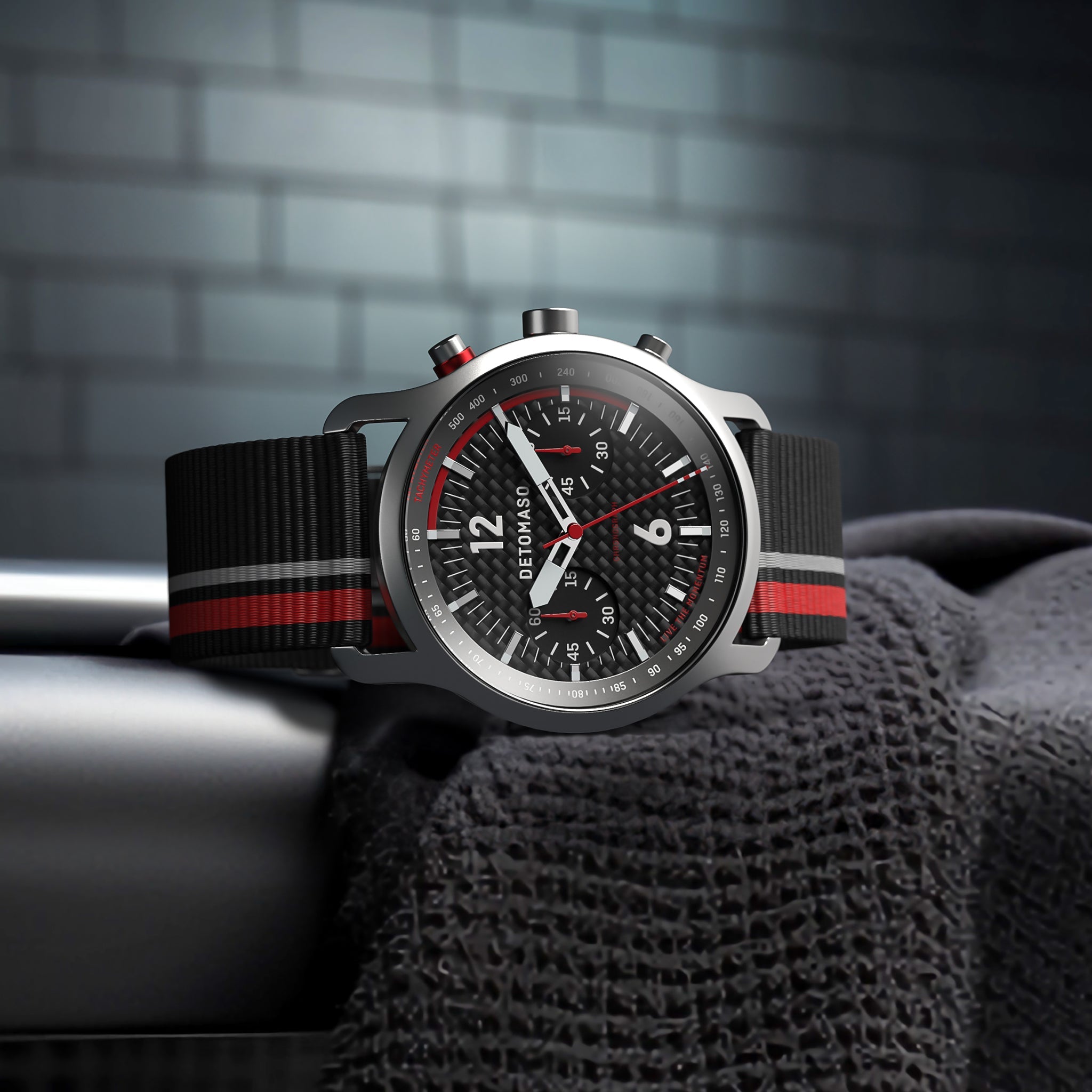 SORPASSO CHRONOGRAPH CARBON SILVER Ocean Plastic Black / Red Woven ...